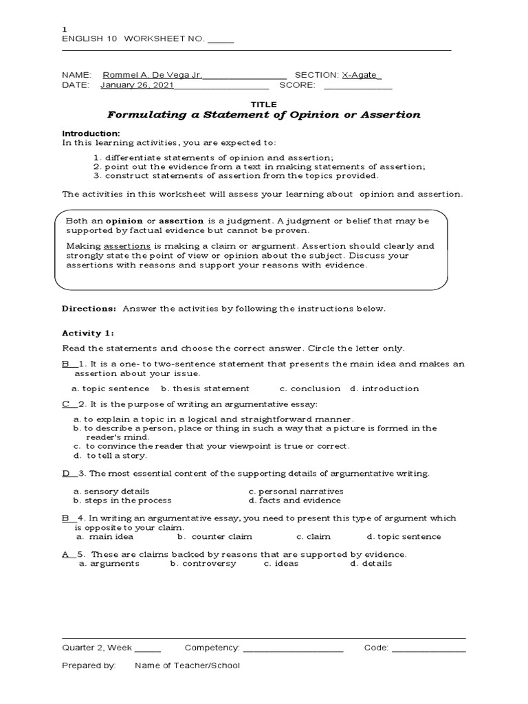 Worksheet in English 10 - Quarter 2 - Module 3 - YASE | PDF | Essays | Argument