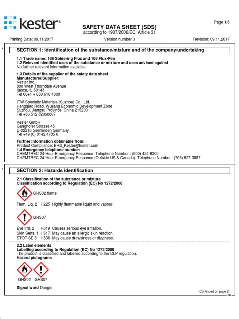 Kester 186 Soldering Flux Safety Data Sheet | PDF | Dangerous Goods ...