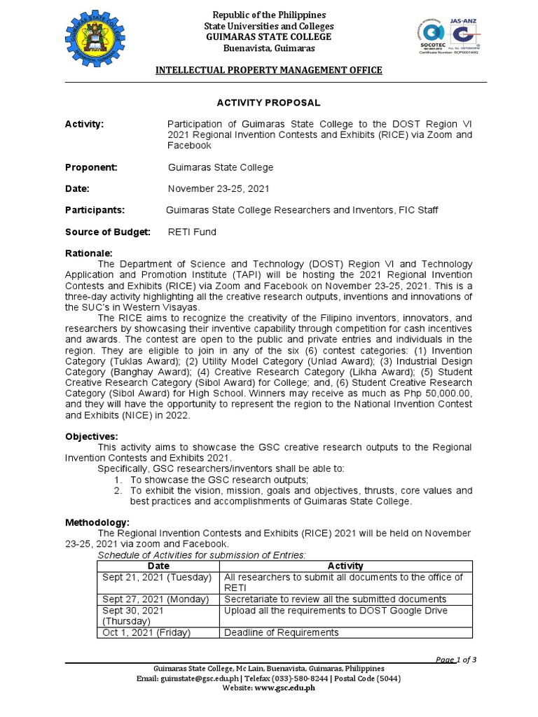 Activity Proposal Dost Rice 2021 | PDF | Invention