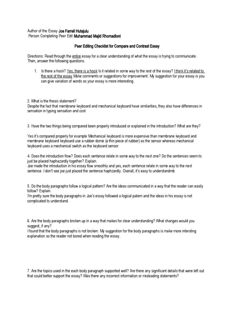 Editing Checklist For Compare and Contrast Essay - Peer Edit | PDF ...