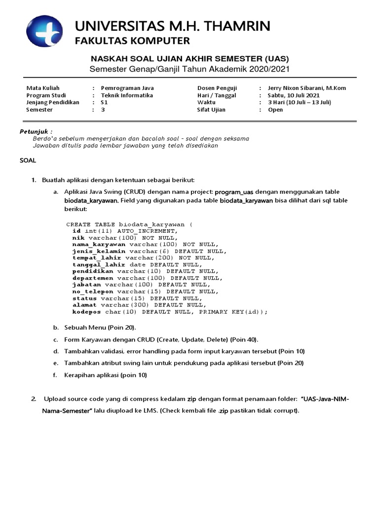 Soal Dan Lembar Jawaban UAS - Pemrograman Java | PDF