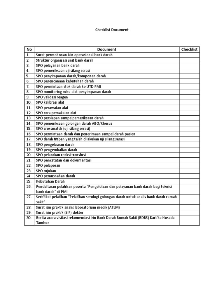 Checklist Document Bank Darah | PDF