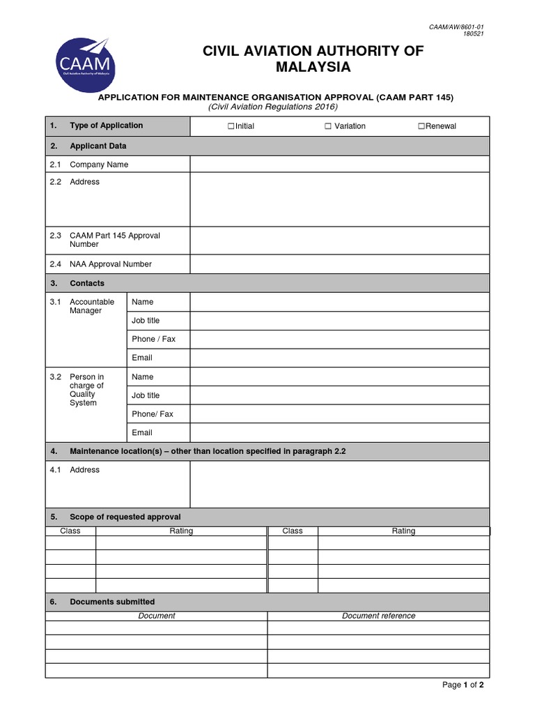 Civil Aviation Authority of Malaysia: Application For Maintenance ...
