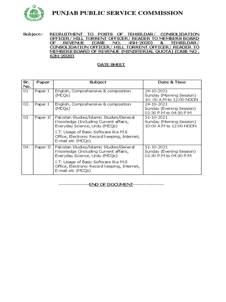 Tehsildar Date Sheet 45H2020 | PDF | Foreign Language Studies | Science ...