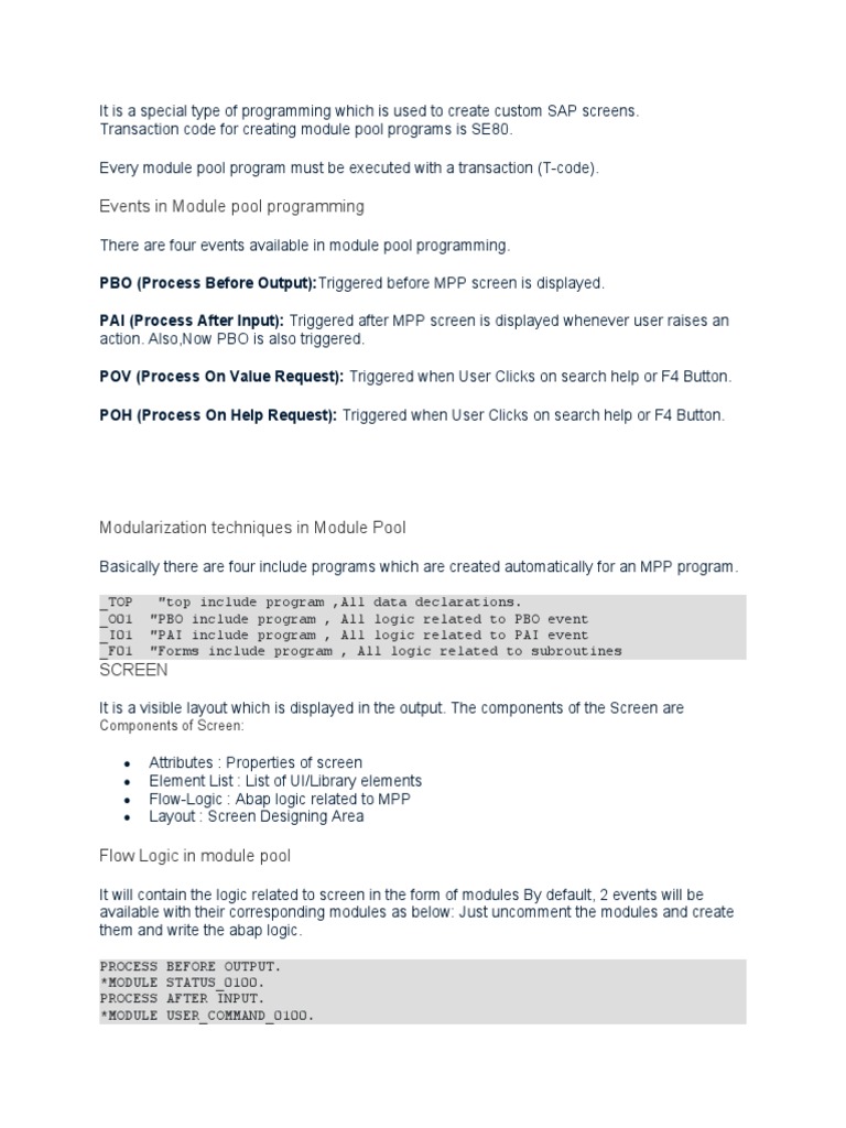 Events in Module Pool Programming: Components of Screen | PDF