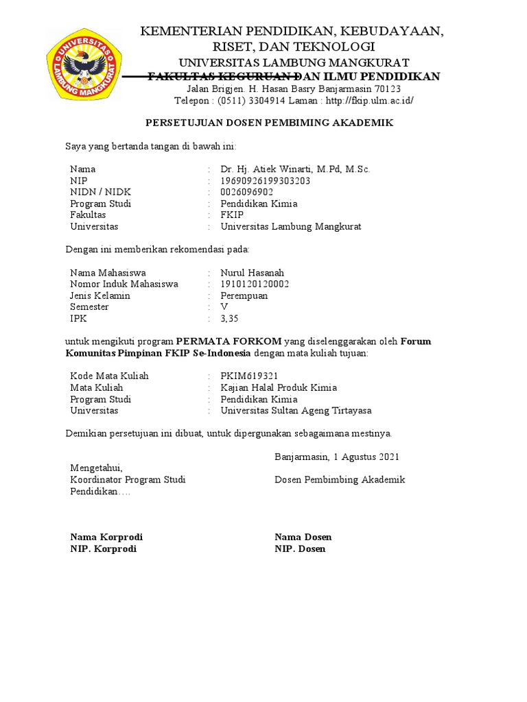 Surat Persetujuan Dosen PA Untuk Permata FORKOM | PDF