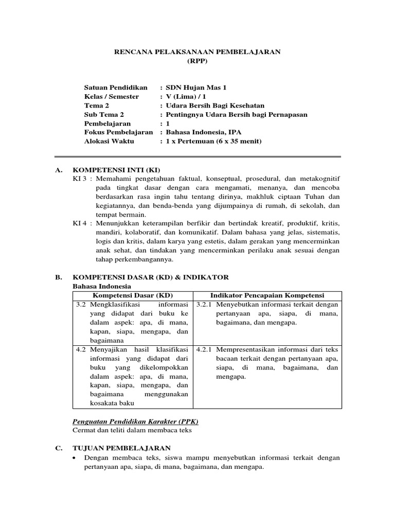 RPP Kelas 5 Tema 2 Sub Tema 2 Pembelajaran 1 | PDF