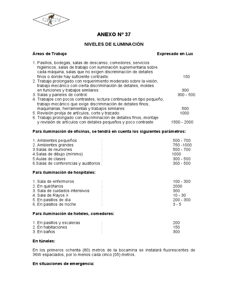 Niveles de Iluminación según Anexo 37 | PDF
