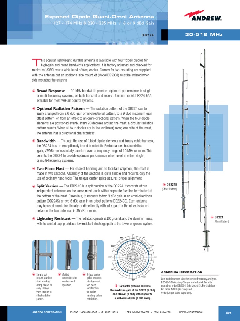 127 - 174 MHZ & 220 - 285 MHZ / 6 or 9 DBD Gain: Exposed Dipole Quasi ...