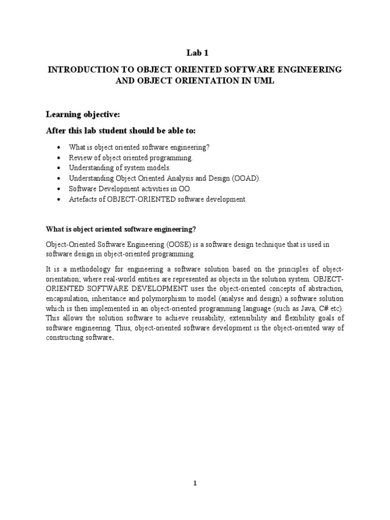 Lab 1 Introduction To Object Oriented Software Engineering And Object