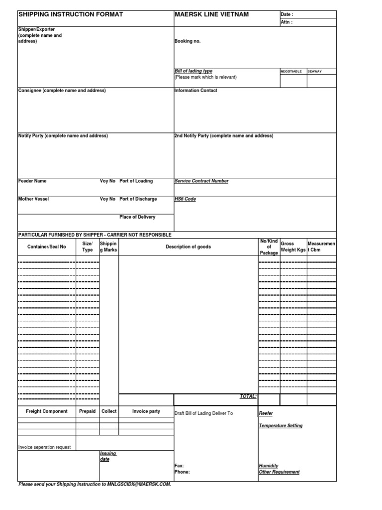 Shipping Instruction Template for Maersk | PDF | Cargo | Bill Of Lading
