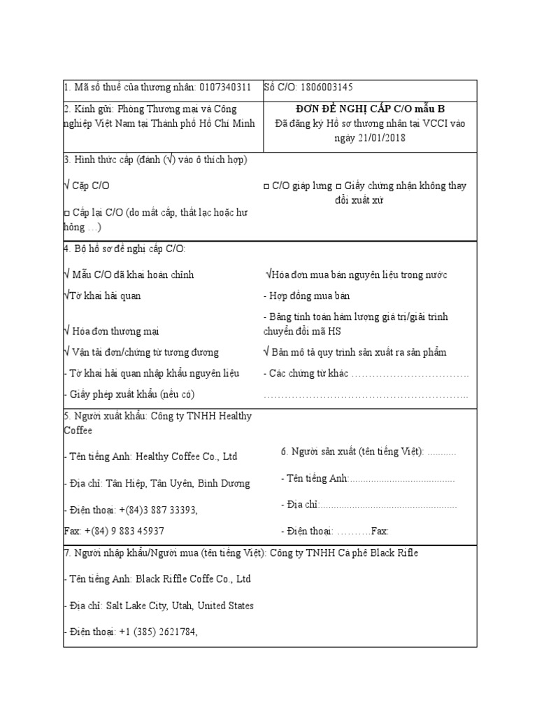 Đơn đề nghị cấp CO form B | PDF