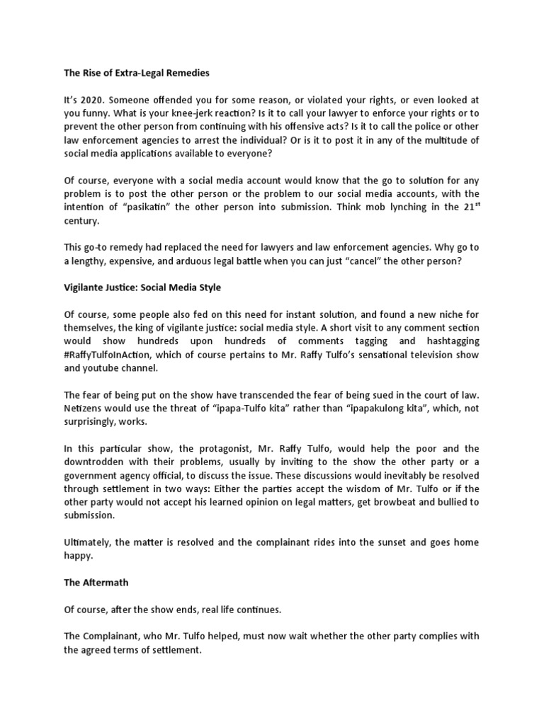 The Rise of Extra-Legal Remedies | PDF | Popular Culture & Media ...