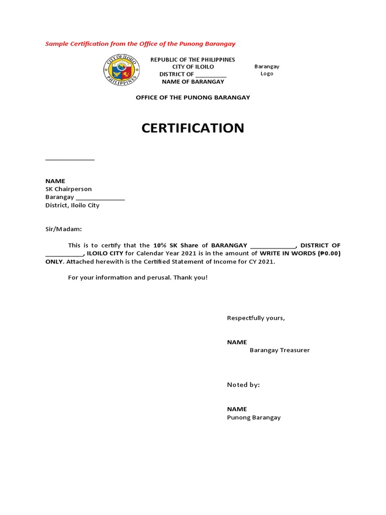 Collection of Sample Certification and Transmittal Letters from Barangay Offices Regarding ...