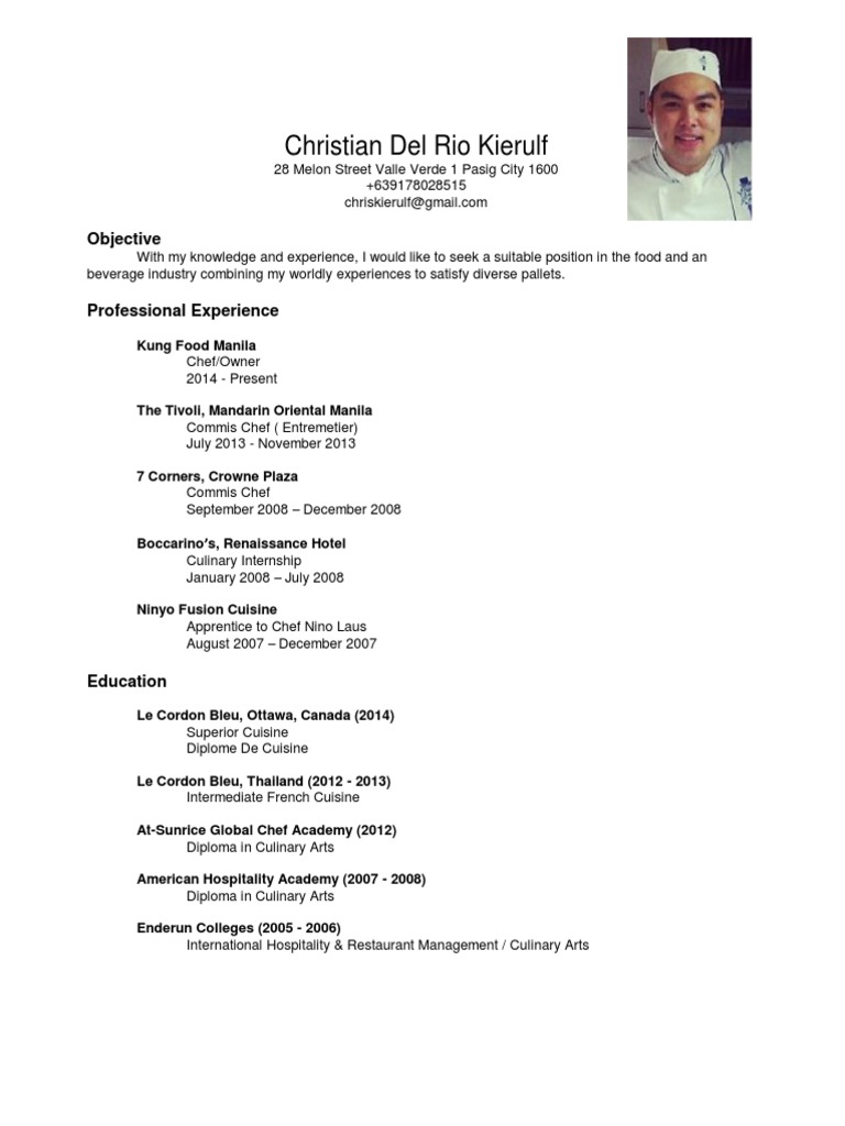 Christian Del Rio Kierulf: Objective | Download Free PDF | Chef | Makati