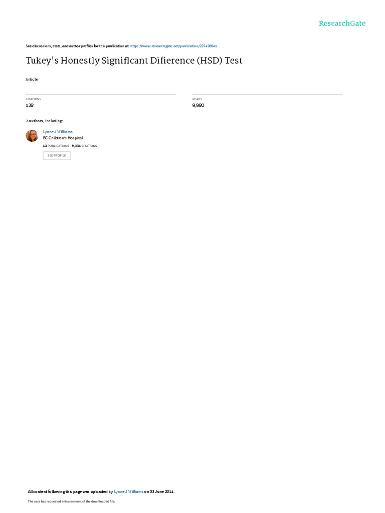 Tukey's Honestly Signi Cant Difierence (HSD) Test:, Including | PDF ...