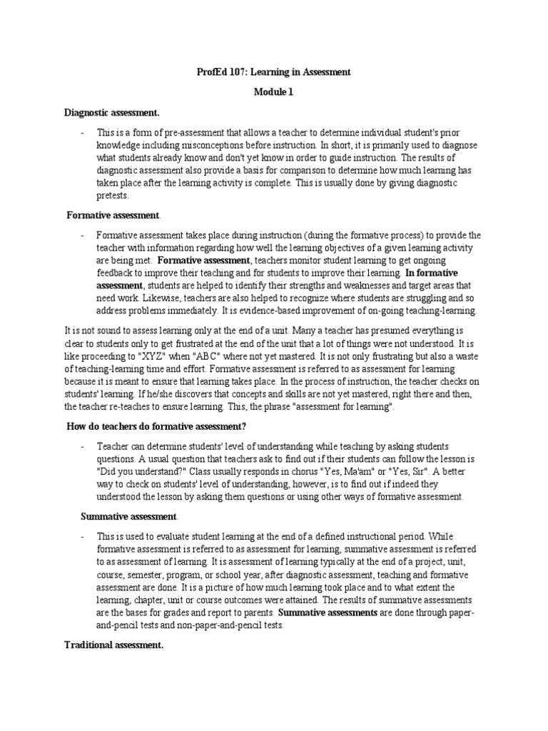 Profed 107: Learning in Assessment Diagnostic Assessment | PDF | Educational Assessment | Teachers