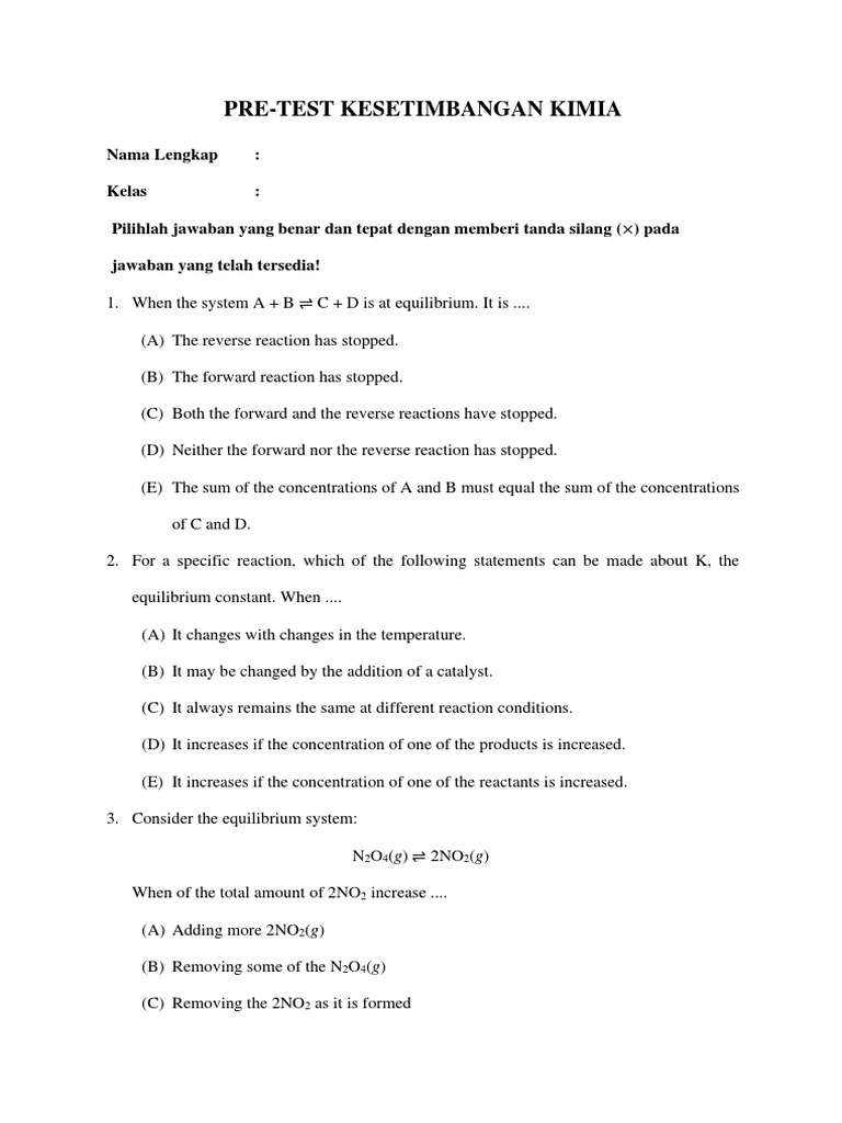 Soal Pre-Test Kesetimbangan Kimia | PDF | Chemical Equilibrium ...