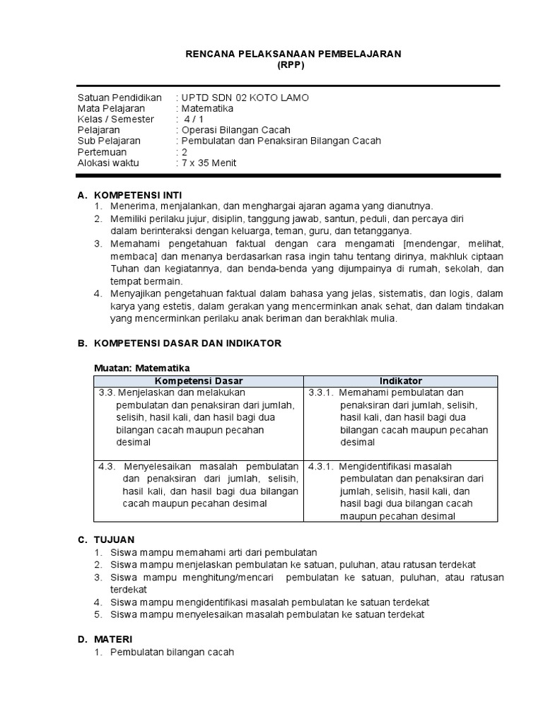 RPP Kelas IV Matematika Bilangan Cacah 2 Semester 1 (Diren Agasi) | PDF | Karier & Perkembangan