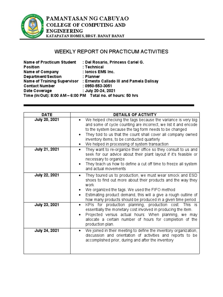 Weekly Report On Practicum Activities | PDF | Business | Business Process