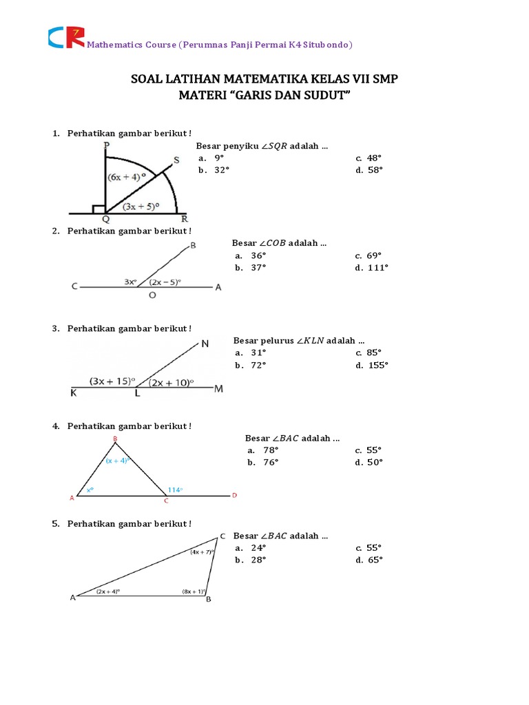Soal Latihan Matematika Kelas Vii SMP Materi Garis Dan Sudut | PDF