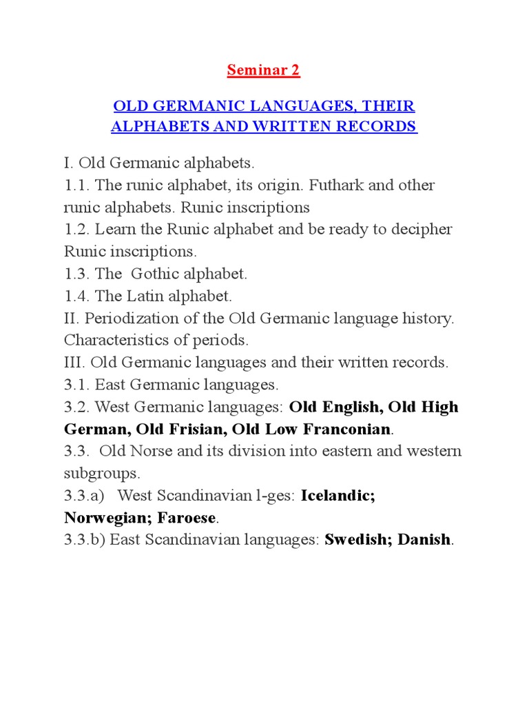 Old Germanic Languages, Their Alphabets and Written Records: Seminar 2 ...