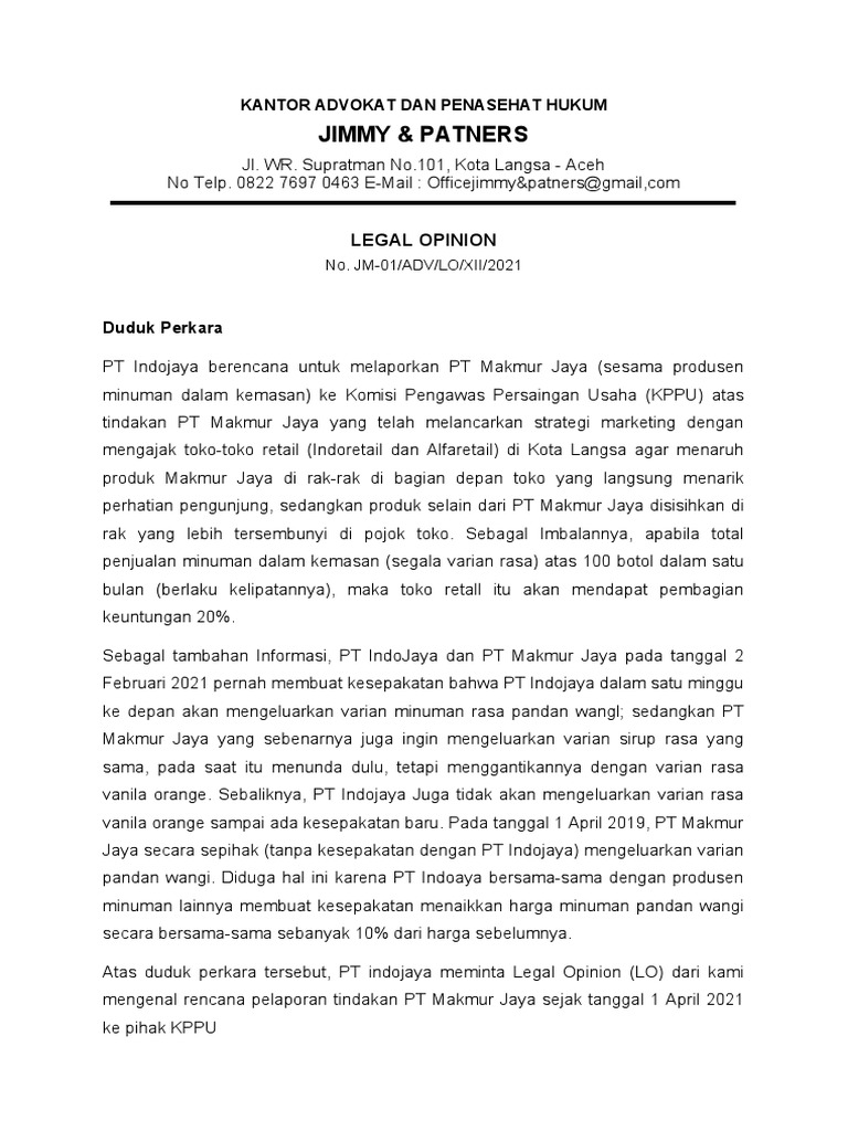 Legal Opinion Kasus Persaingan Usaha | PDF