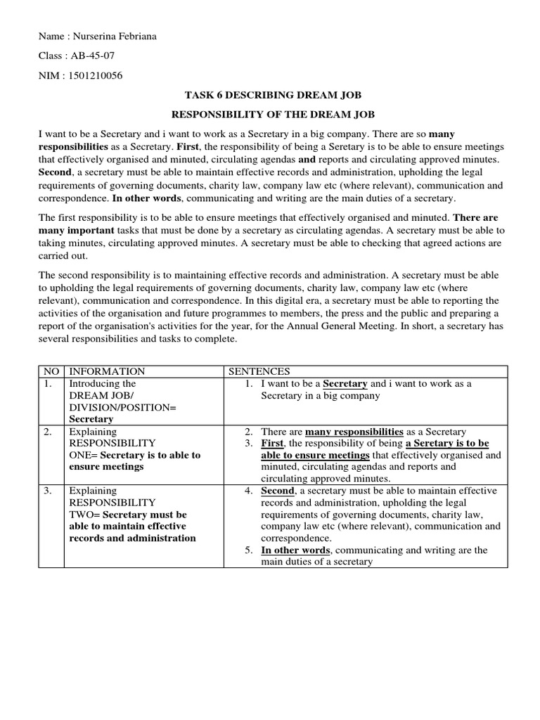 Dream Job Nurserina | PDF | Sentence (Linguistics) | Secretary