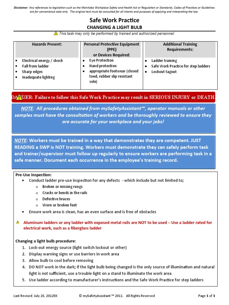 Safe Work Practice: Changing A Light Bulb | PDF | Compact Fluorescent ...