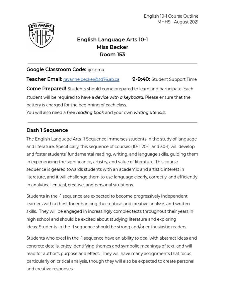 English 10-1 Course Outline | PDF | Educational Assessment | Behavior ...