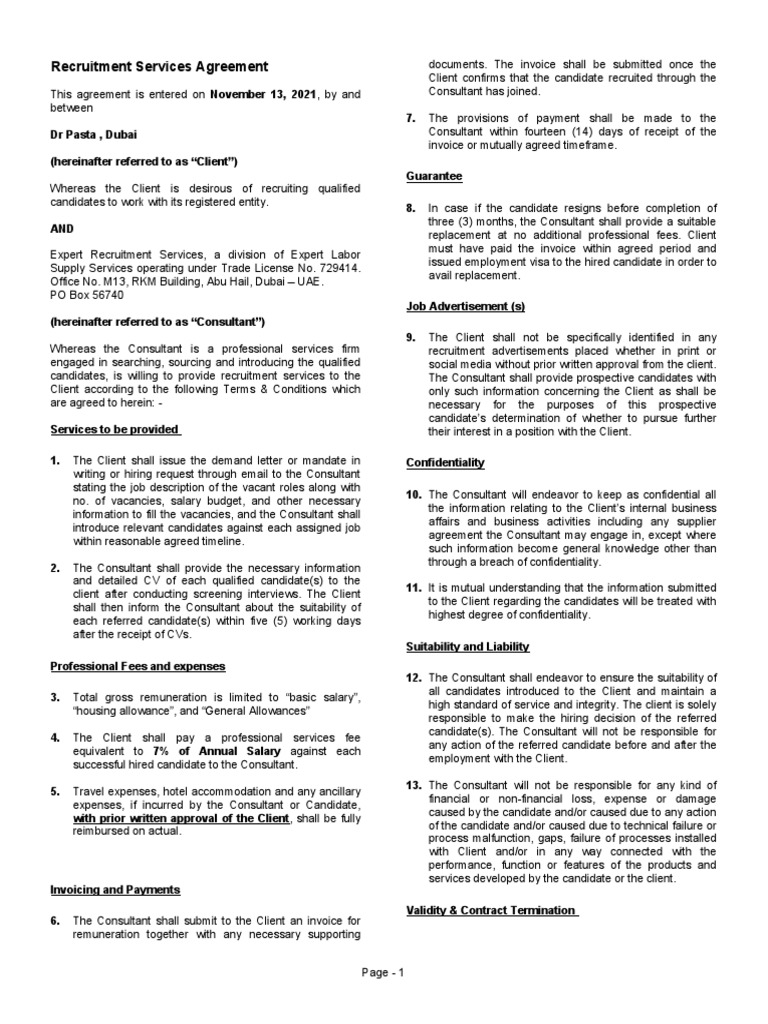 Recruitment Services Agreement Template | PDF | Consultant | Recruitment
