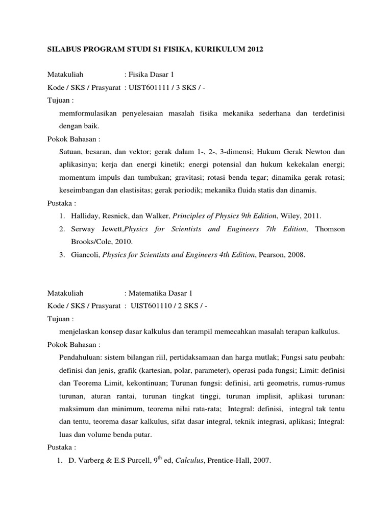 Kurikulum S1 Silabus Mata Kuliah 2012 Pdf