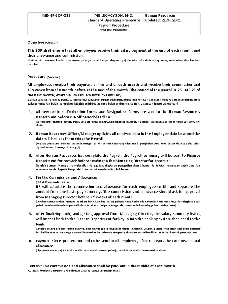 Payroll Standard Operating Procedure | PDF | Business | Human Resources