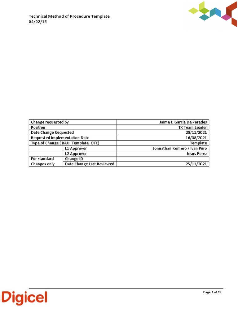 Technical+Change+MOP+Template - CRQ #1 | PDF