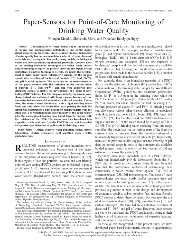 Paper-Sensors For Point-of-Care Monitoring of Drinking Water Quality ...