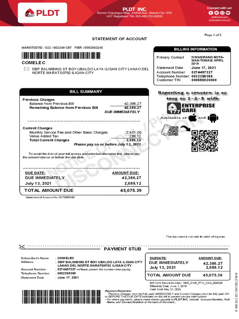 PLDT Bill | PDF | Payments | Cheque