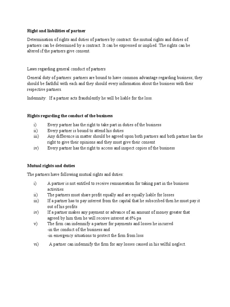 Right and Liabilities of Partner | PDF | Business | Law