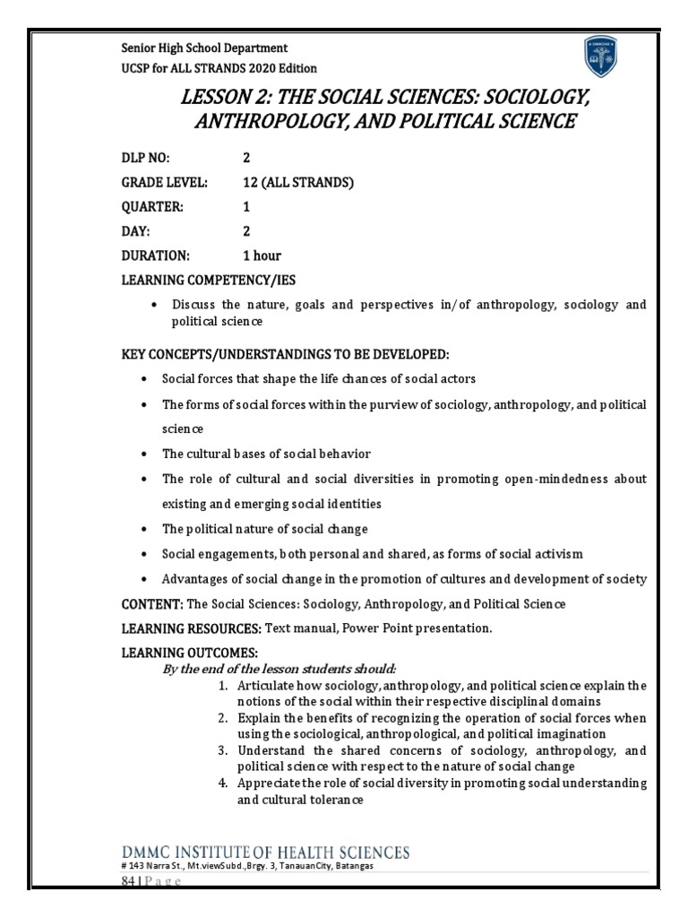 Lesson 2: The Social Sciences: Sociology, Anthropology, and Political ...