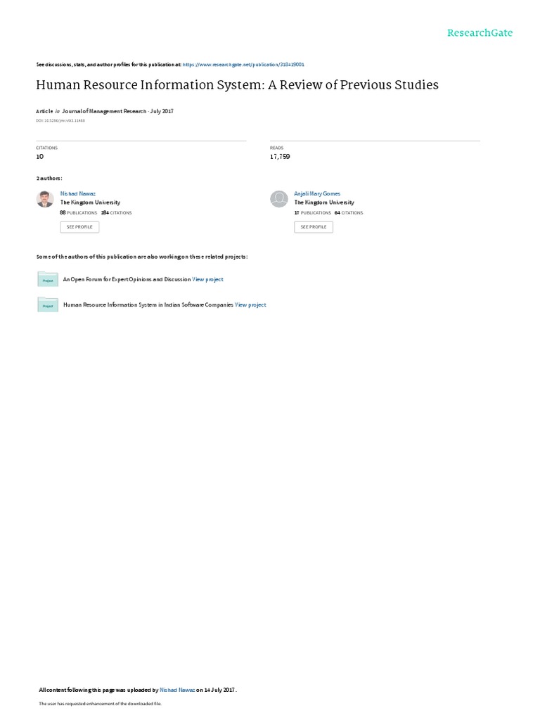Human Resource Information System Are View of Previous Studies | PDF ...