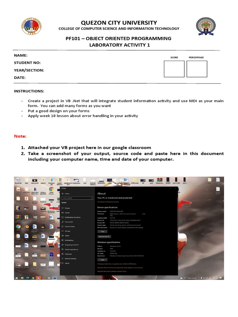 Quezon City University: Pf101 - Object Oriented Programming Laboratory Activity 1 | PDF ...