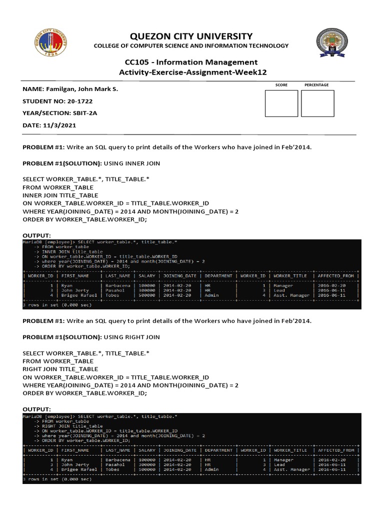 Activity Exercise Assignment Week12 | PDF | Information Technology | Sql
