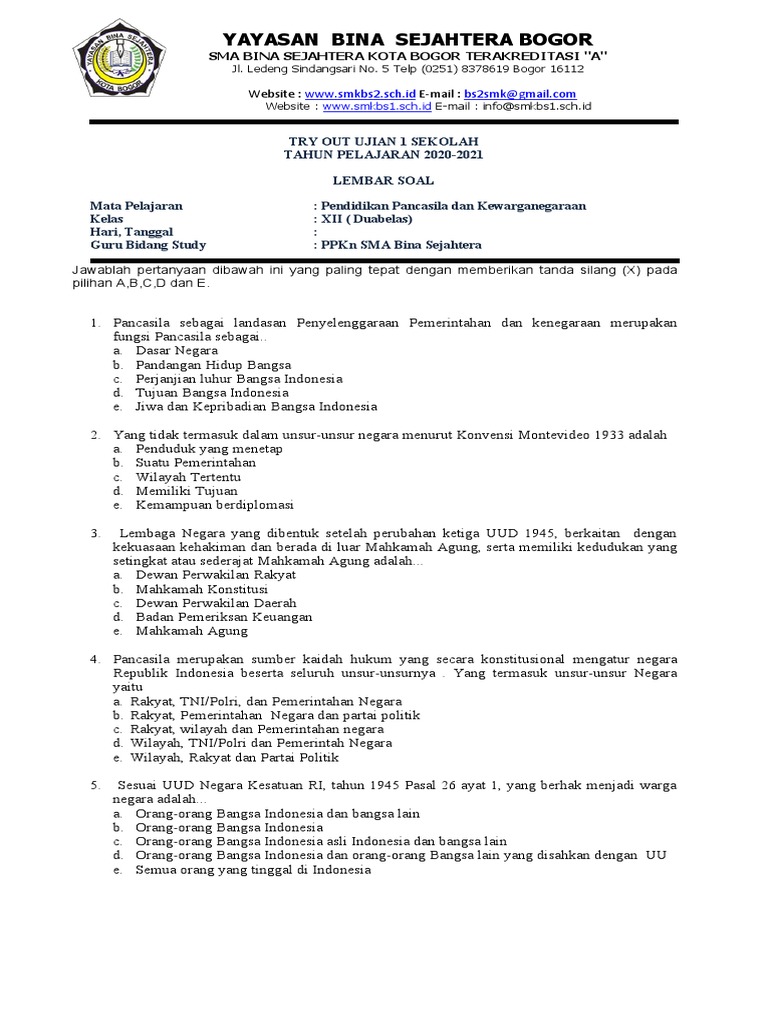 SOAL TRY OUT 2021 PPKN 1 | PDF