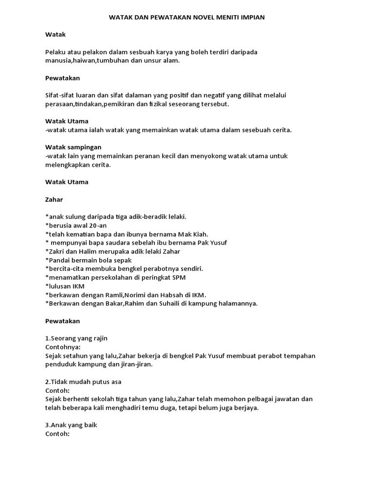 Novel Meniti Impian Perwatakan Zahar Dan Contoh - DravenmcyPoole