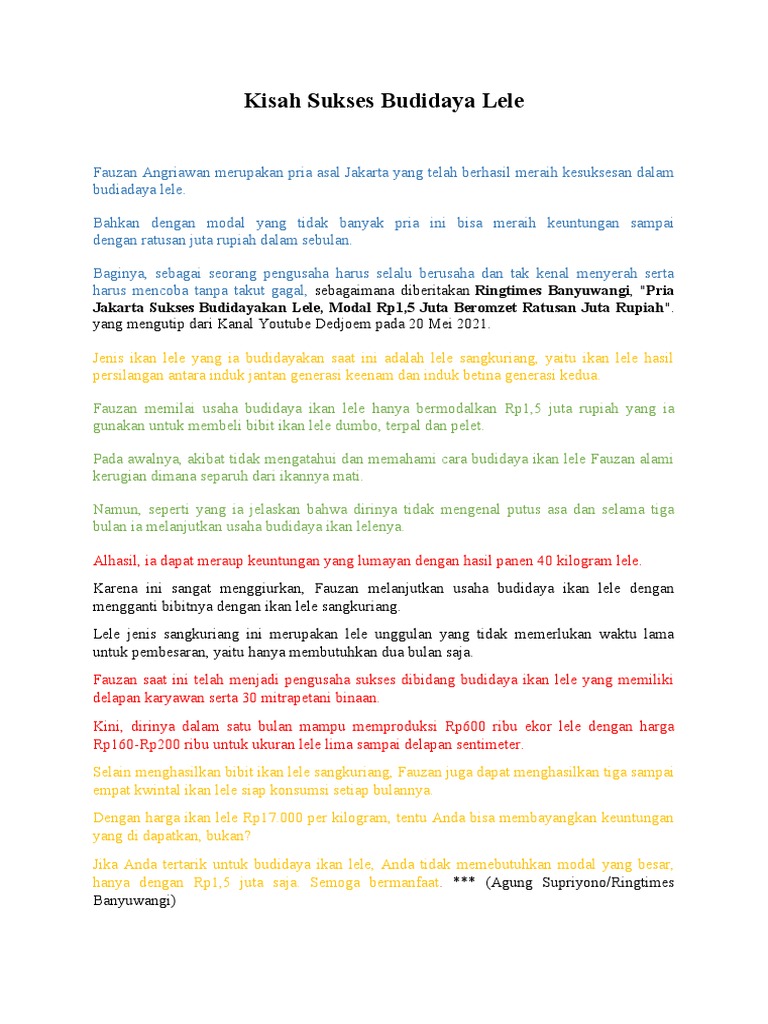 KISAH SUKSES PEMBUDIDAYA LELE DENGAN MODAL KECIL | PDF