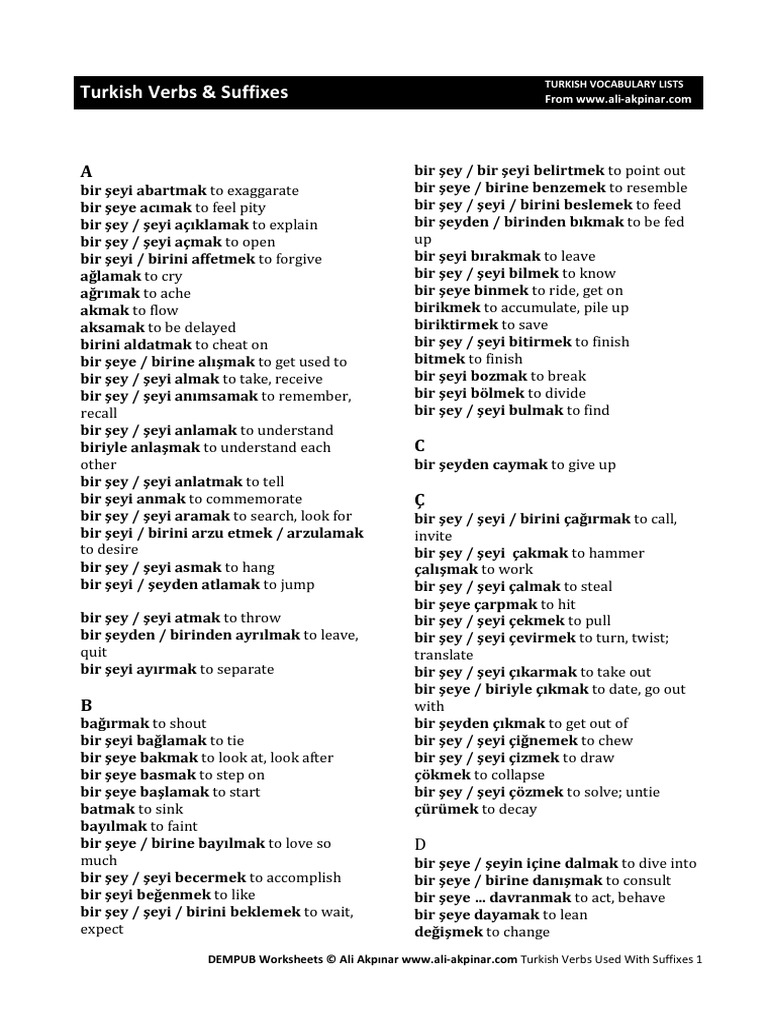 Turkish Word Lists Turkish Verbs Used With Suffixes | PDF