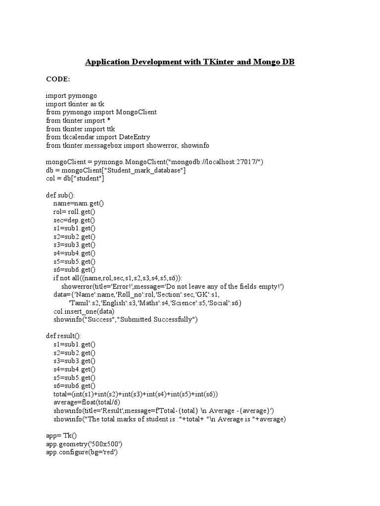 Application Development With Tkinter and Mongo DB: Code | PDF | Computer Programming | Software