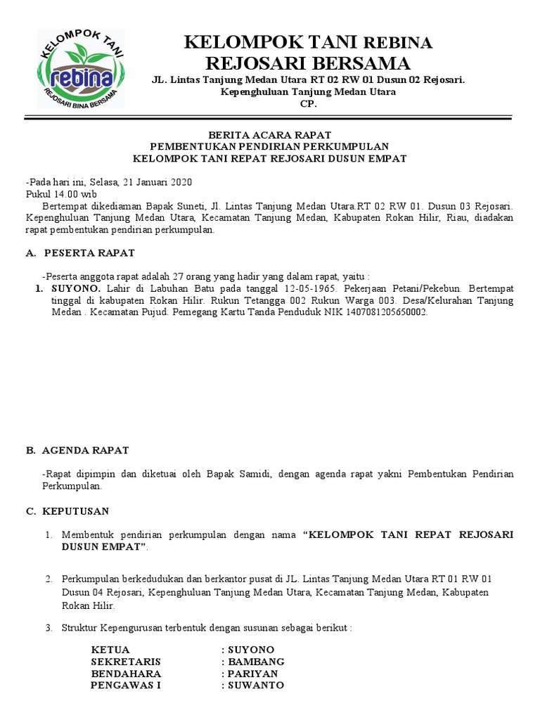 Kop Kelompok Tani Rebina Rejosari Bina Bersama | PDF