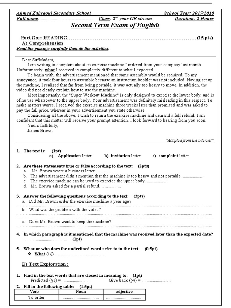 Second Term English Exam for 2nd Year GE | PDF | Linguistics ...