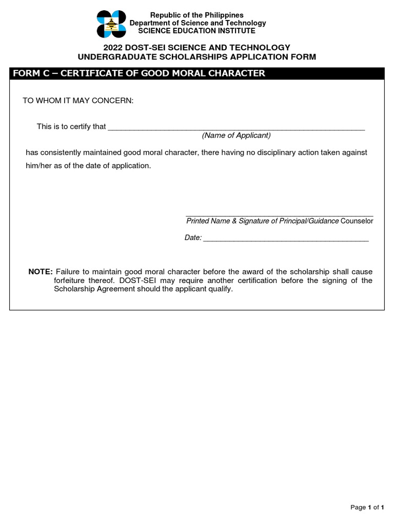 Form C - Certificate of Good Moral Character | PDF | Undergraduate ...