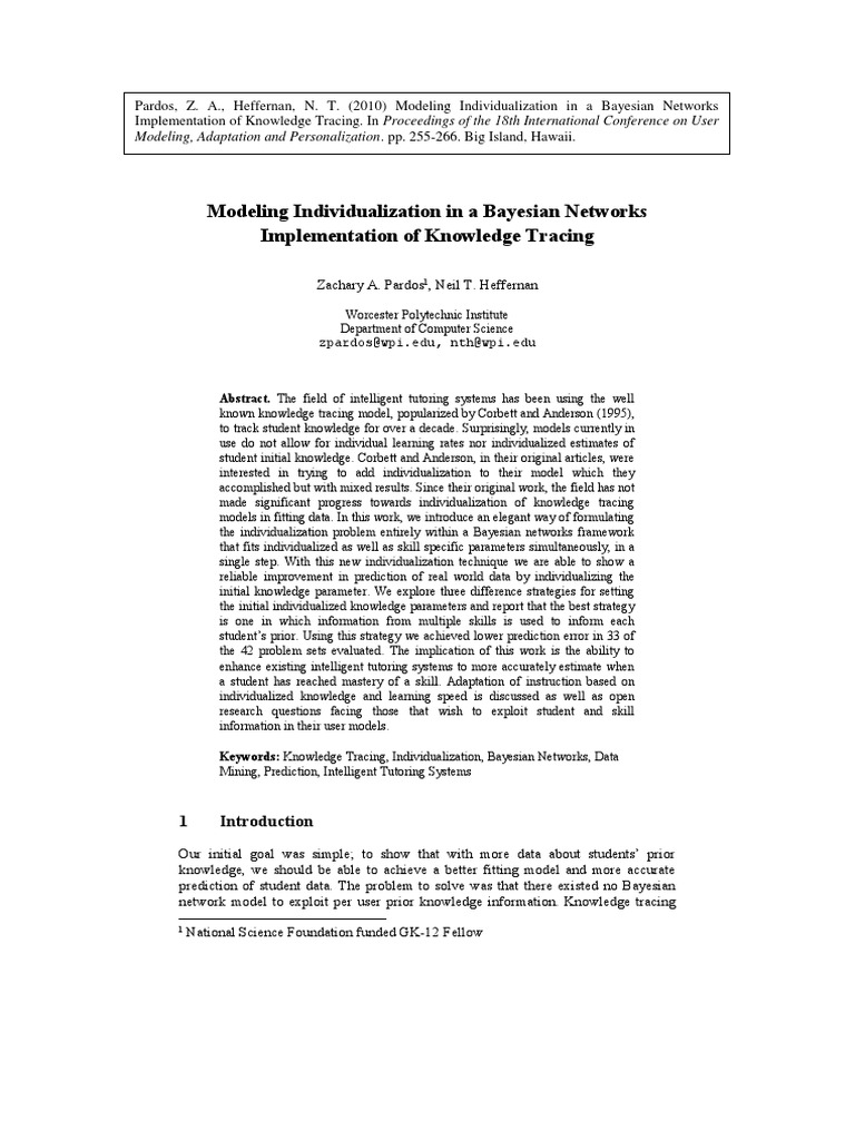Modeling Individualization in A Bayesian Networks Implementation of Knowledge Tracing | PDF ...